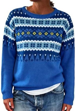 Generic Pull Norv&eacute;gien Femme dhiver Chaud Chic Et &Eacute;l&eacute;gant Pullover Tricot&eacute; Col Rond &Agrave; Manches Longues Sweater Tops Motif Jacquard Hauts Oversize Ample Confort