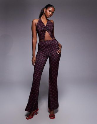 Liquor & Poker Pantalon densemble &eacute;vas&eacute; &agrave; pois avec taille mi-haute - Rouge