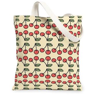Generic Sacs fourre-tout en toile motif cerises, fruits floraux, sacs &agrave; provisions r&eacute;utilisables, style vintage d&eacute;t&eacute;, l&eacute;gers et lavables, beige, 13x15 Inch