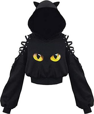 EUDOLAH Sweat à Capuche Femme Epaules Dénudées Chats Oreille à Capuche avec Rubans Sweatshirt Noir (XXL,Noir Chat Yeux Jaune)