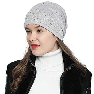 DonDon Bonnet dhiver Femme Slouch Beanie Souple avec Strass Doublure Moelleuse et Chaude - Gris Clair
