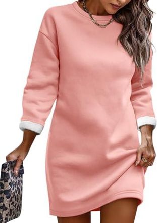 Minetom Sweat Polaire Femme Hiver Pull Robe Manches Longues Col Rond Sweatshirt Couleur Unie Doubl&eacute; Chaud Mini Robe Loose Casual Loungewear Robe A Rose S