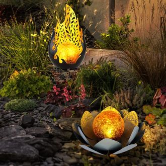 Globo Lighting Solarleuchte Flammen Design Au&szlig;en Solarblume Aussen Lotusblume Solar Crackle Glas, grau, LED Leuchtmittel, 1x Lotusblume 1x Flammen Design, 2er Set