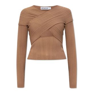 Self Portrait Geripptes Oberteil mit langen &Auml;rmeln - - Tops - Damen - Beige - M