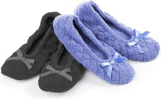 Isotoner Damen 2er-Pack Mictroterry Ballerina Slipper mit Satinschleife, Immergr&uuml;n, gesteppt, Eschenholz, 36.5/37.5 EU