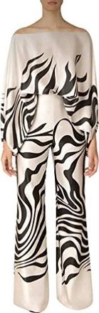 Minetom Femme 2 Pièces Vêtement Elégant Épaules Dénudées Imprimé Manches Longues Haut Top et Pantalon Survêtement Ensemble 2pcs Noir XXL