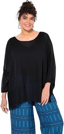 Ulla Popken Femme Grandes Tailles Pull Oversize, Maille texturée Carreaux. Encolure Ronde et Manches Courtes Noir 50+ 838410100-50+
