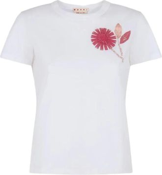 Marni Femme, Tops, Blanc, Taille: 36 FR T-shirt en coton avec cam&eacute;lia brod&eacute;