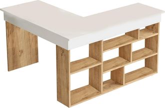 Vente-Unique Eckschreibtisch mit Stauraum - Weiß & Naturfarben - LILEUL