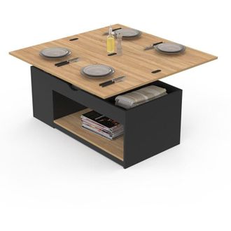 IDMarket Rechteckiger, aufklappbarer Couchtisch, umwandelbar in einen Esstisch ELEA schwarzes Holz und Buchenholzoptik