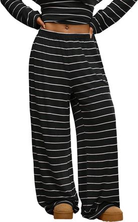 SOLY HUX Damen Weite Hose Lang Gestreift Freizeithose mit Kordelzug Schlaghose Causalhose Stoffhose High Waist Hosen Herbst Schwarz 1XL