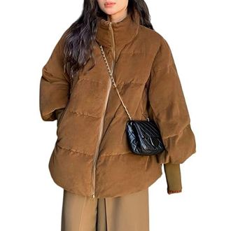 Generic Doudoune courte dhiver pour femme en velours c&ocirc;tel&eacute; avec fermeture &eacute;clair et col montant, caf&eacute;, XL