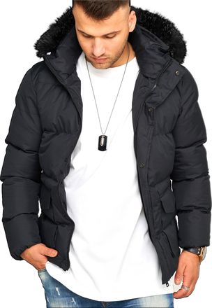 Behype. Herren warme Jacke mit Kapuze kurzer Parka Winterjacke Steppjacke Pufferjacke J10-Black-XXL