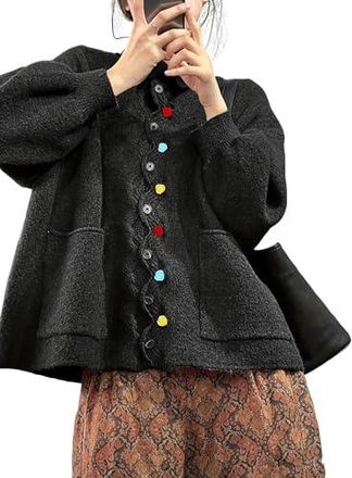Generic Cardigan d&eacute;contract&eacute; en tricot ample surdimensionn&eacute; pour femme avec boutons color&eacute;s et manches bouffantes, Noir, XXL