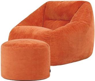 Icon Brand Natalia Sitzsack Sessel mit Hocker f&uuml;r Erwachsene, Orange, Flauschiger Cord Stoff, Riesen Sitzsack Cord mit F&uuml;llung, Bean Bag Chair, Bequemer Sessel W