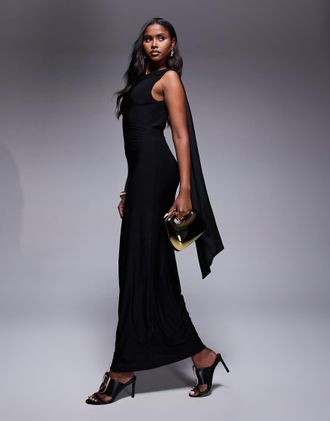 Fashionkilla Robe longue à dos ouvert coupe près du corps sculptante avec encolure montante et détail foulard - Noir