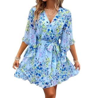 Generic Robe trap&egrave;ze &eacute;l&eacute;gante &agrave; col en V pour femme, manches courtes, motif floral, col en V, robe midi d&eacute;t&eacute;, bleu, XL