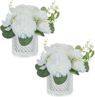 Nuptio Bouquet de Fleurs Artificielles Vase: 2 Pi&egrave;ces Petit Blanc Fausses Fleurs Verre Vases pour Interieur Maison Bureau - Faux Decoratif Rose Soie Centre d