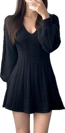 Generic Robe dautomne d&eacute;contract&eacute;e &agrave; manches longues et col en V pour femme, en tricot torsad&eacute;, &agrave; manches longues, pour un usage quotidien, Noir, L