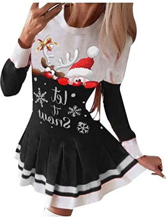 Generic Robe de No&euml;l amusante pour femme - Robe de No&euml;l pliss&eacute;e - Robe de No&euml;l pour femme - Avec motifs de No&euml;l - Robe midi d&eacute;contract&eacute;e - Ligne A - &Eacute;l&eacute;gante 