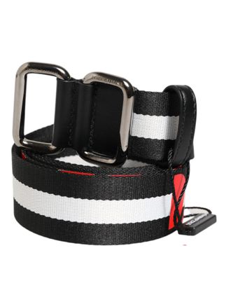 Dolce & Gabbana Mens Black White Striped Logo Metal Buckle Belt And Nylon Calf Leather