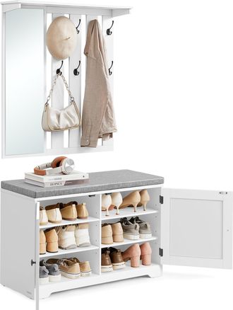Vasagle Schuhbank Wandgarderobe Set, Garderobe mit Spiegel, 8 Doppelhaken, Schuhschrank mit verstellbaren Ablagen, Doppeltüren, Sitzbank, Sitzpolster abnehmba