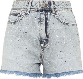 Philipp Plein Femme, Shorts, Bleu, Taille: W28 Shorts Orn&eacute;s de Cristaux et Patch Logo