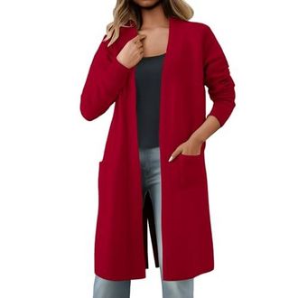 Generic 2026 Printemps &Eacute;l&eacute;gant Cardigan Long Tricot Pull Wrap Automne Hiver Manteau Doux Ouvert Devant Duster Outwear Blouse D&eacute;contract&eacute;e, Rouge, Taille uniqu