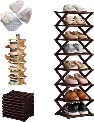 Generic 9-St&ouml;ckiges Bambusregal, 9-St&ouml;ckiges Bambusregal Ohne Montage, Faltbarer Platzsparender Schuhorganizer, Vertikale Schlanke Schuhaufbewahrung Mit 2-10 