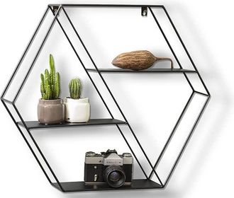 LIFA Living Hexagon Wandregal aus Metall mit 4 Böden, Schwarzes Schweberegal im Industrie Design, Sechseckiges Hängeregal als Wanddeko, 58 x 51 x 11 cm