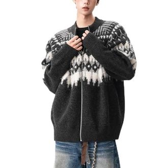 Generic Pull Cardigan Dhiver Pour Hommes &Agrave; Col Rond Avec Zipper, Veste Polyvalente &Agrave; Coupe Ample,Noir,L