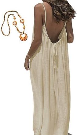 Generic Robe longue dos nu &agrave; bretelles spaghetti 2026 sans manches - Robe longue ouverte dans le dos - Robe d&eacute;t&eacute; pour le salon, la maison, les vacances, la pl