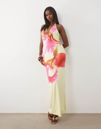 Missy Empire Missy Empire - Robe longue dos nu sculptante et moulante avec d&eacute;collet&eacute; plongeant - Jaune citron et rose vif &agrave; imprim&eacute; fleurs-Multi