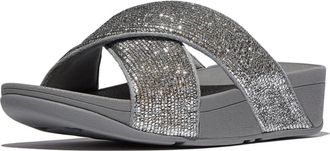 FitFlop Womens Lulu Crinkled-Shimmer Cross Slides Sandal, Silvereen, 38 EU