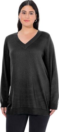 Ulla Popken Damen Pullover, V-ausschnitt, Langarm, Weicher Feinstrick, Schwarz, 50-52 EU