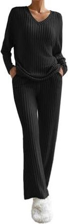 SHEKINI Ensemble de v&ecirc;tements de sport d&eacute;contract&eacute;s pour femme - Col en V - Confortable - Tenue dint&eacute;rieur longue et d&eacute;contract&eacute;e, Noir, S