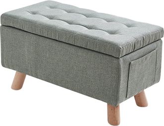 Generic Aufbewahrungsbank Aus Leinenmischung - Stabiler Fußhocker for Das Fußende des Bettes Mit Gepolstertem Kissen Und Seitentasche (Holzbeine, Großes Fassu