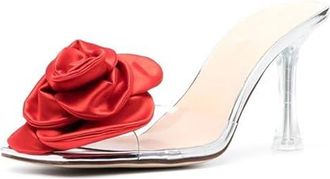 Generic Qynthra Mules Sandales &agrave; Talon Haut Transparent Femme avec Fleur Satin Rouge 7CM Stiletto Cristal &agrave; Enfiler Bout Rond Slides de Robe pour Soir&eacute;e de Ga