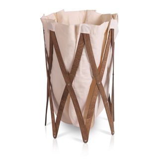 Klein & More Marie Pi, Wäschesammler, größenverstellbar, Holz Gestell walnuss, Wäschesack beige