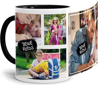 Tassendruck Foto-Tasse zum selbst gestalten mit Foto-Collage für 4 Wunschfotos - Geschenk für Familie, Freunde, Geburtstag, Weihnachten - Keramik Innen & Henkel S