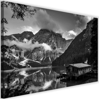 Feeby Bilder Berge 90x60 cm - Leinwandbild - 1 Teilig - Kunstdruck H&uuml;tte See schwarz