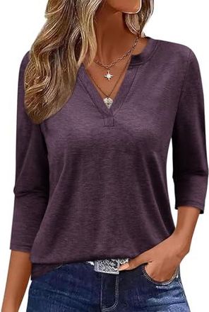 Onsoyours Tee Shirt Femme Manches 3/4 Col en V T-Shirt Ete D&eacute;contract&eacute; Haut Basic Top A Violet 01 XL