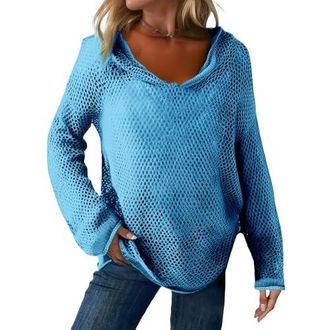 Generic Pull pour femme en crochet ajour&eacute; &agrave; manches longues et &eacute;paules tombantes - Pull &agrave; capuche l&eacute;ger - Coupe ample - Cache-maillot de plage d&eacute;contract&eacute; au 