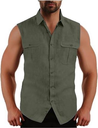 Generic D&eacute;bardeur pour homme l&eacute;ger et &eacute;l&eacute;gant avec col rabattable, uni, respirant, classique, confortable, d&eacute;contract&eacute;, sans manches, pour l&eacute;t&eacute;, la plage, Ver