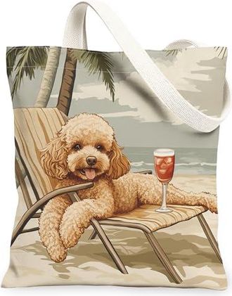 Generic Sac fourre-tout amusant en toile avec caniche pour le shopping, 33 x 38 cm, sac &agrave; bandouli&egrave;re r&eacute;utilisable pour femme, peinture danimaux domestiques, 