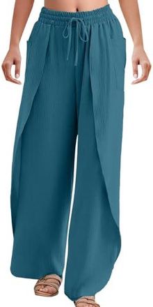 Generic Robe boh&egrave;me 2026 pour femme, pantalon d&eacute;t&eacute; &agrave; jambes larges, fente lat&eacute;rale fluide, palazzo, pantalon de plage taille haute, bleu marine, XXL