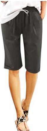 Generic Short en coton et lin pour femme, longueur genou, l&eacute;ger, cordon de serrage, taille &eacute;lastique, bermuda mi-long, bermuda capri tendance, d&eacute;contract&eacute;, co