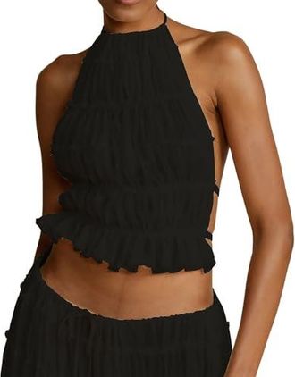 Generic Débardeur dos nu pour femme - Haut court blanc pour femme - Haut court basique coupe ample - Col rond - Haut de travail dété blanc - Chemises de plage