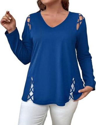 Generic Hauts grande taille pour femme, tunique longue, d&eacute;contract&eacute;e, style croix, couleur pure, coupe ample, col en V, chemisier de f&ecirc;te r&eacute;tro pour sortir, b
