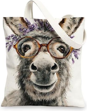 Generic Sac fourre-tout en toile motif âne, sac dépicerie réutilisable, léger et lavable avec bandoulière, blanc, 13x15 Inch